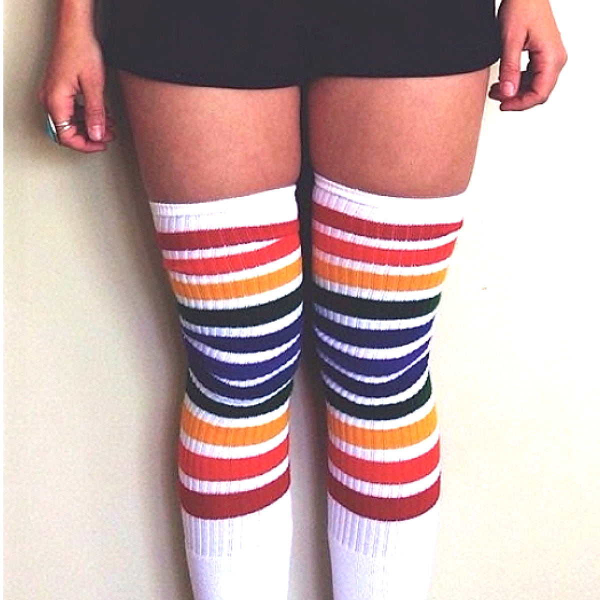 White Double Rainbow Stripe Thigh High Pride Socks – ROLLERSTUFF